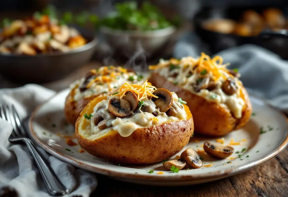Ce soir, j'ai farci mes pommes de terre de champignons crémeux, herbes ...